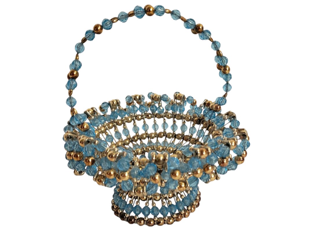 Beaded Safety Pin Basket With Handle Blue and Gold Beads - Etsy