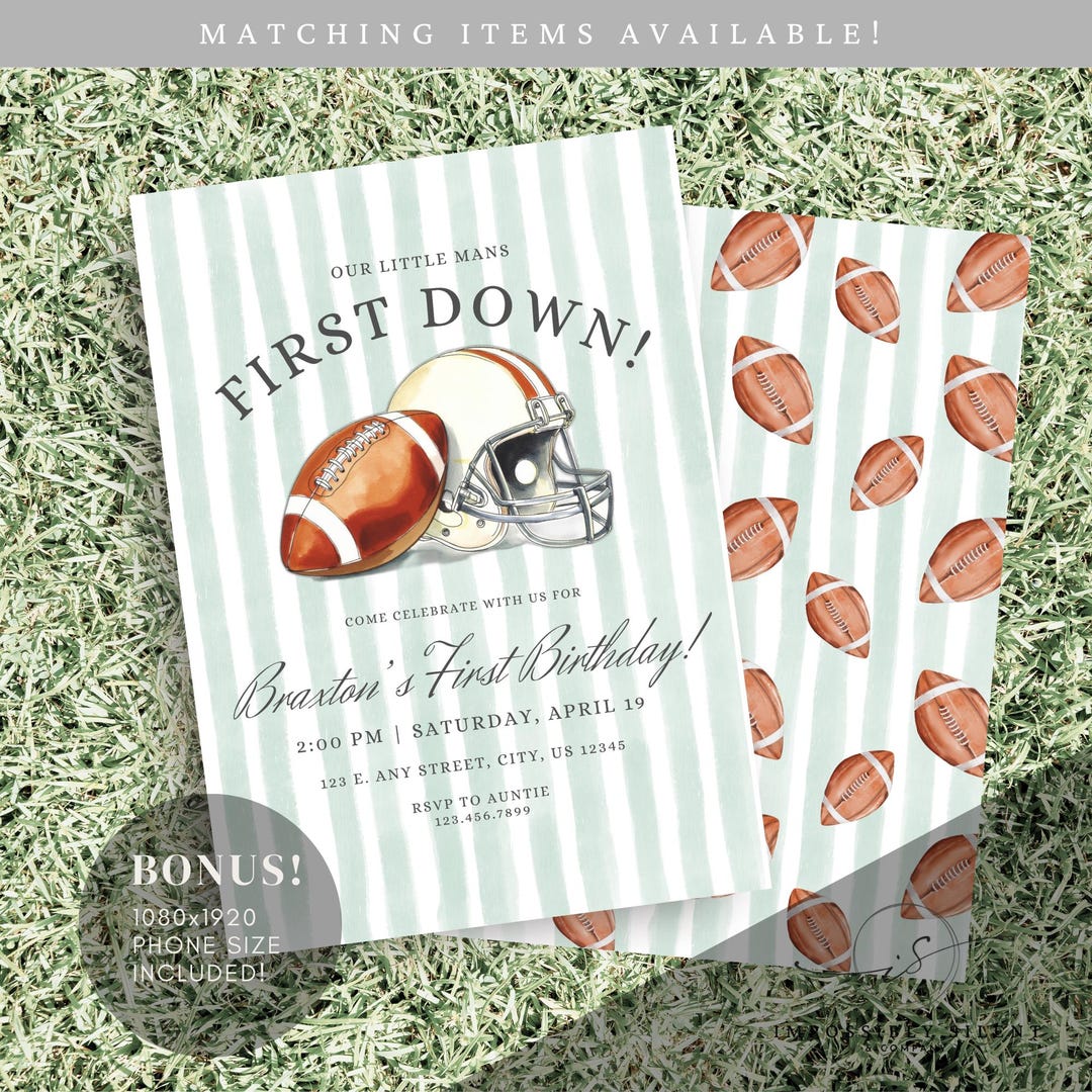 First Down First Birthday Invitation Boy, Football 1st Birthday Invite ...