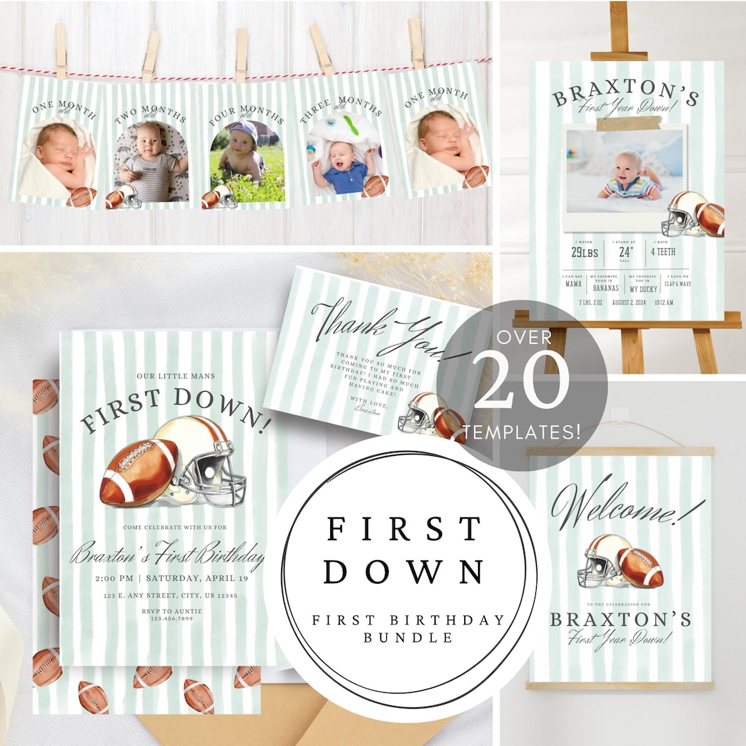 First Down Birthday Bundle Evite, Editable Football Invitation Bundle ...
