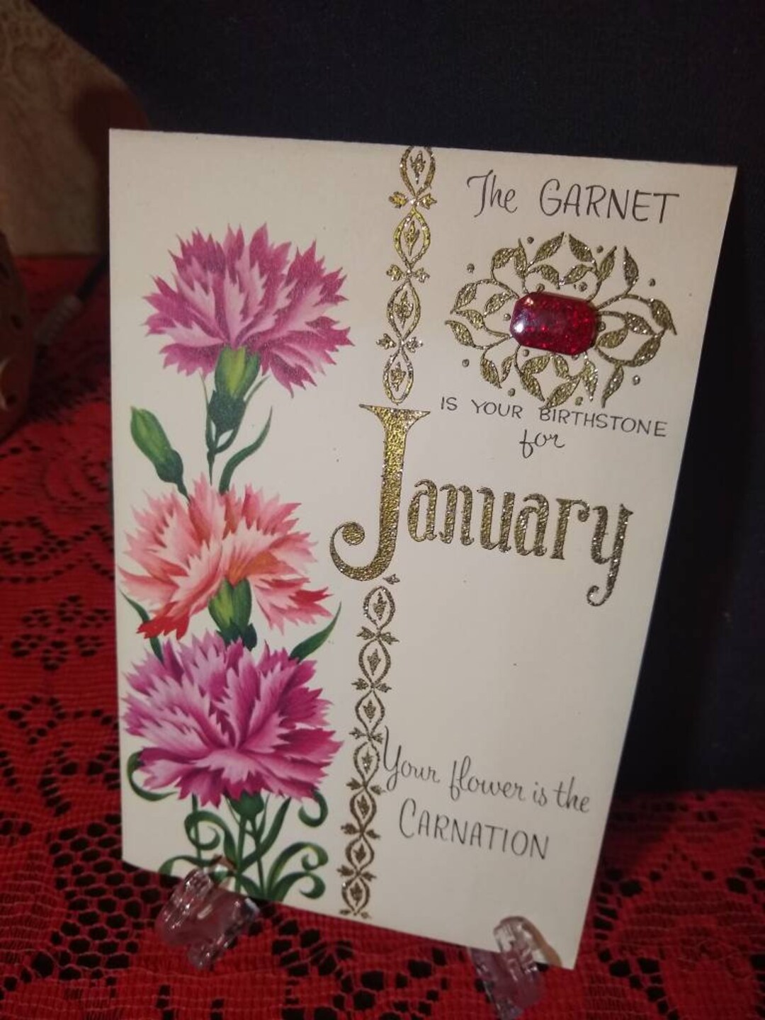 1950's January Garnet Birthstone Birthday Cards Carnation Flower Art ...