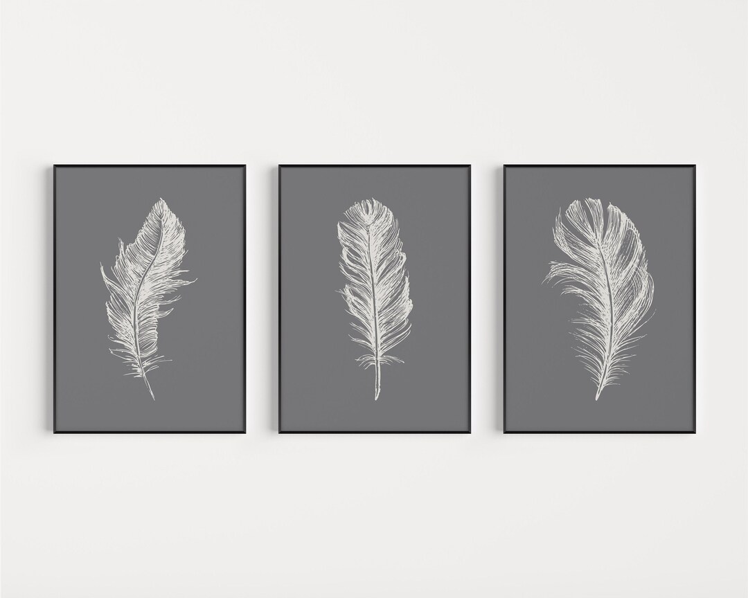 Feather Print, Grey Print, Grey Printable, Set of Prints, Feather Wall ...