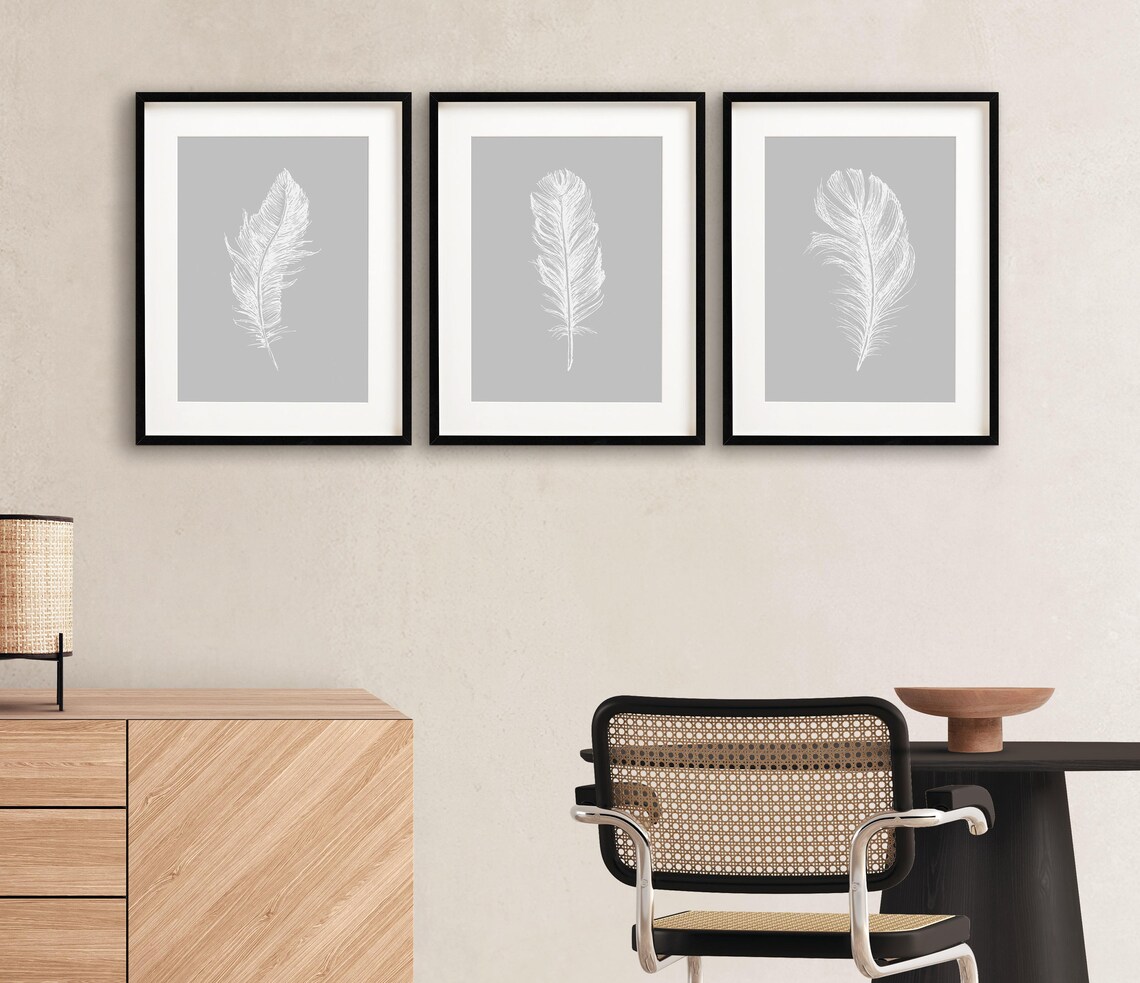 Feather Print Grey Print Grey Printable Set of Prints Grey | Etsy