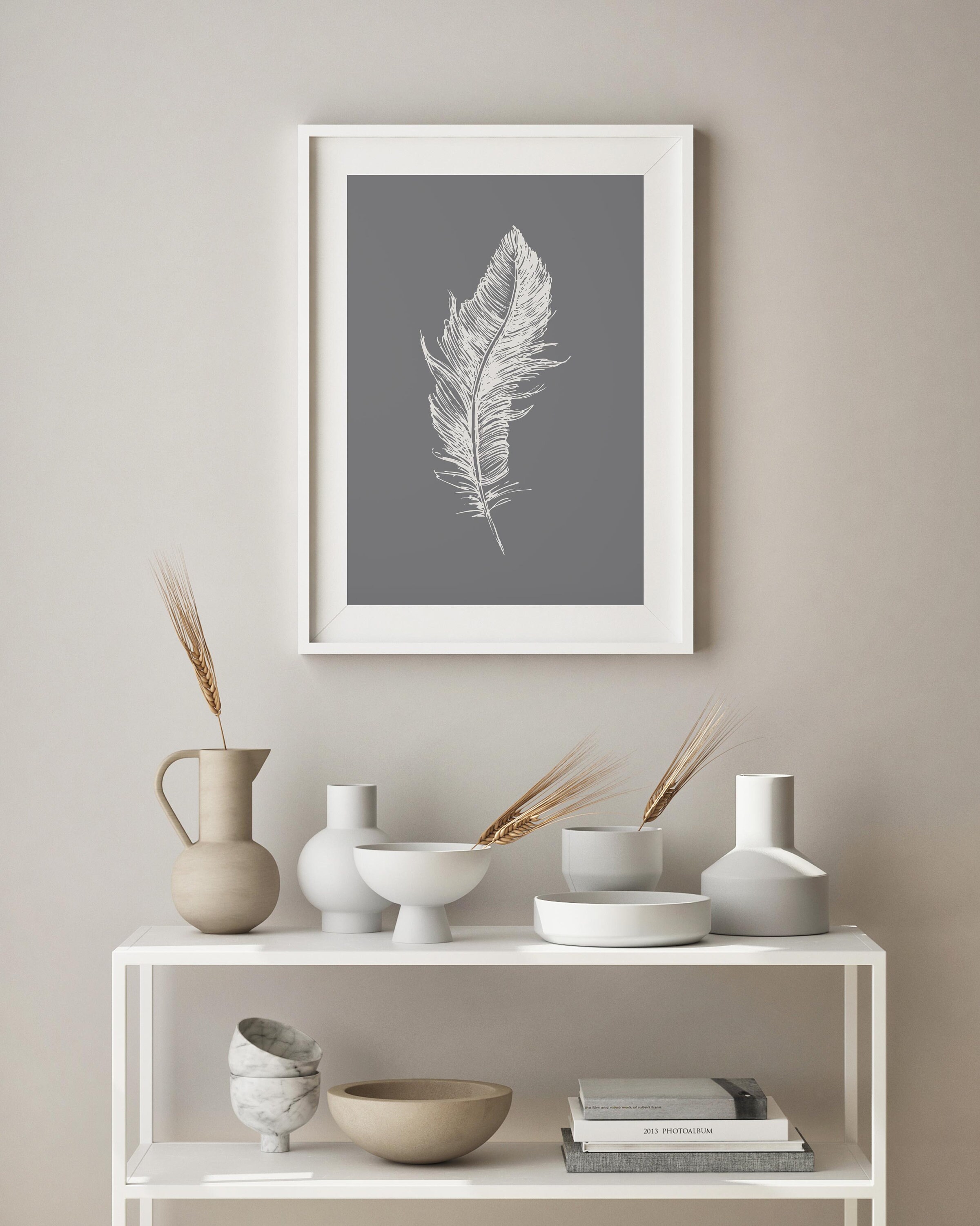 Feather Print, Grey Print, Grey Printable, Set of Prints, Feather Wall ...