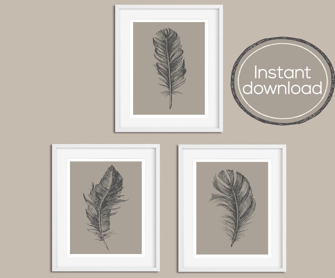 Feather Print Printable Set of Prints Feather Wall Art | Etsy