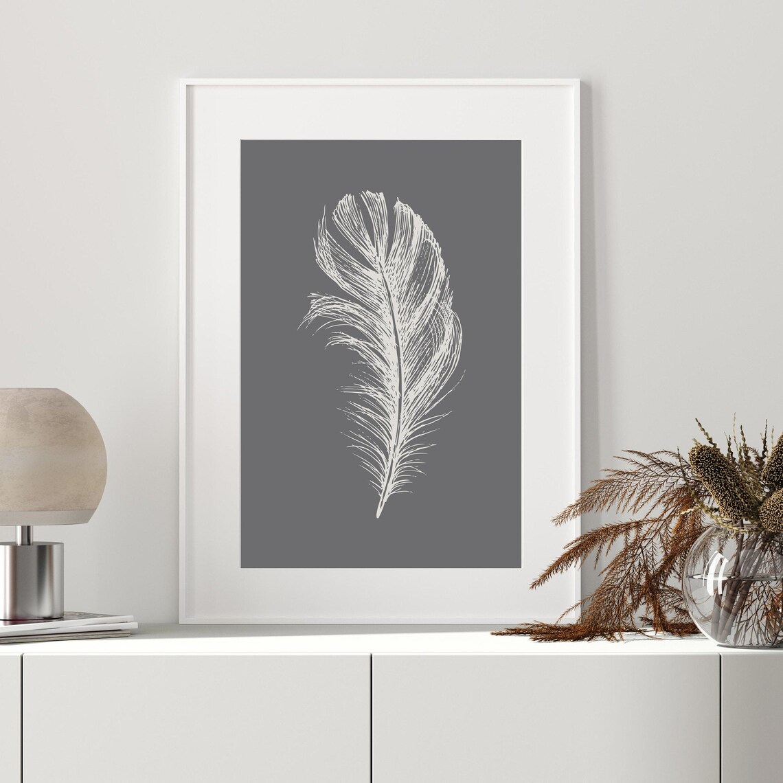Feather Print Grey Print Grey Printable Set of Prints | Etsy