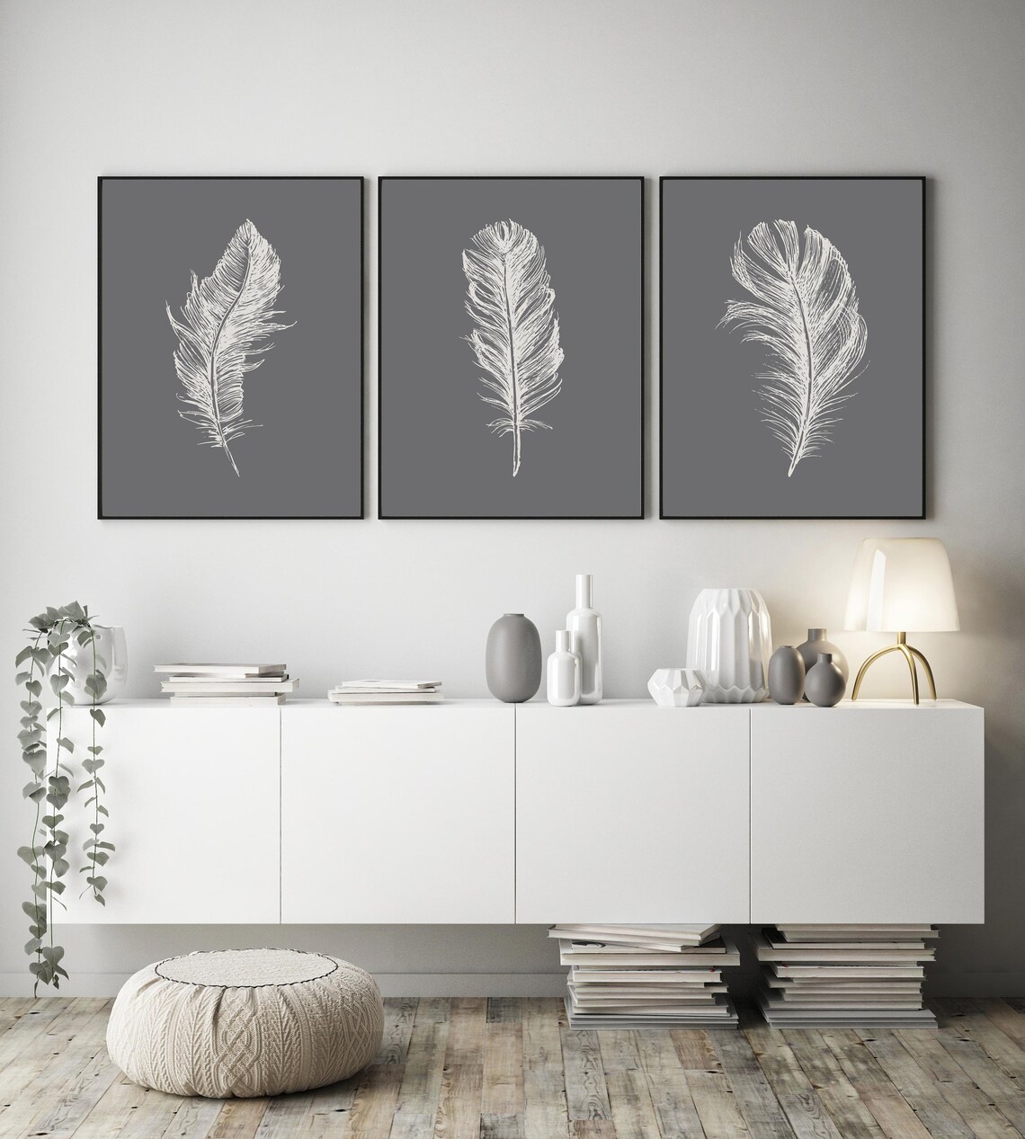 Feather Print, Grey Print, Grey Printable, Set of Prints, Feather Wall ...