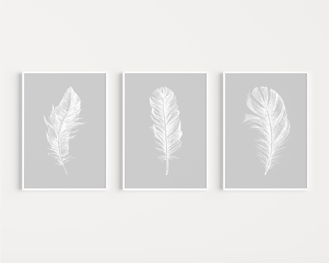 Feather Print, Grey Print, Grey Printable, Set of Prints, Grey Art ...