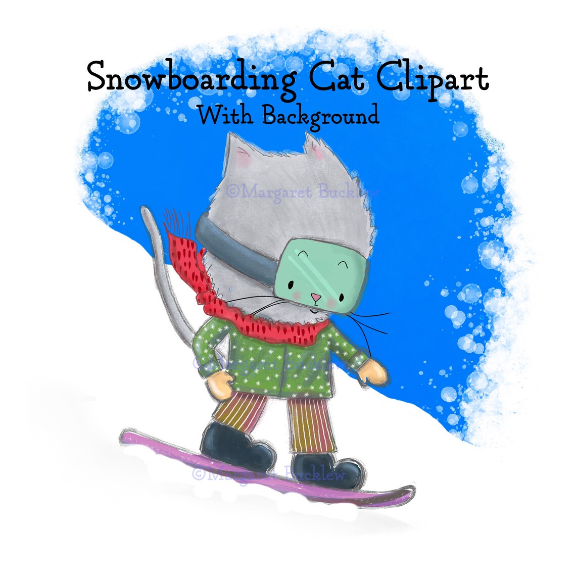 Whimsical Snowboarding Cat Clipart, Cute Cat Clipart, Winter Clipart ...