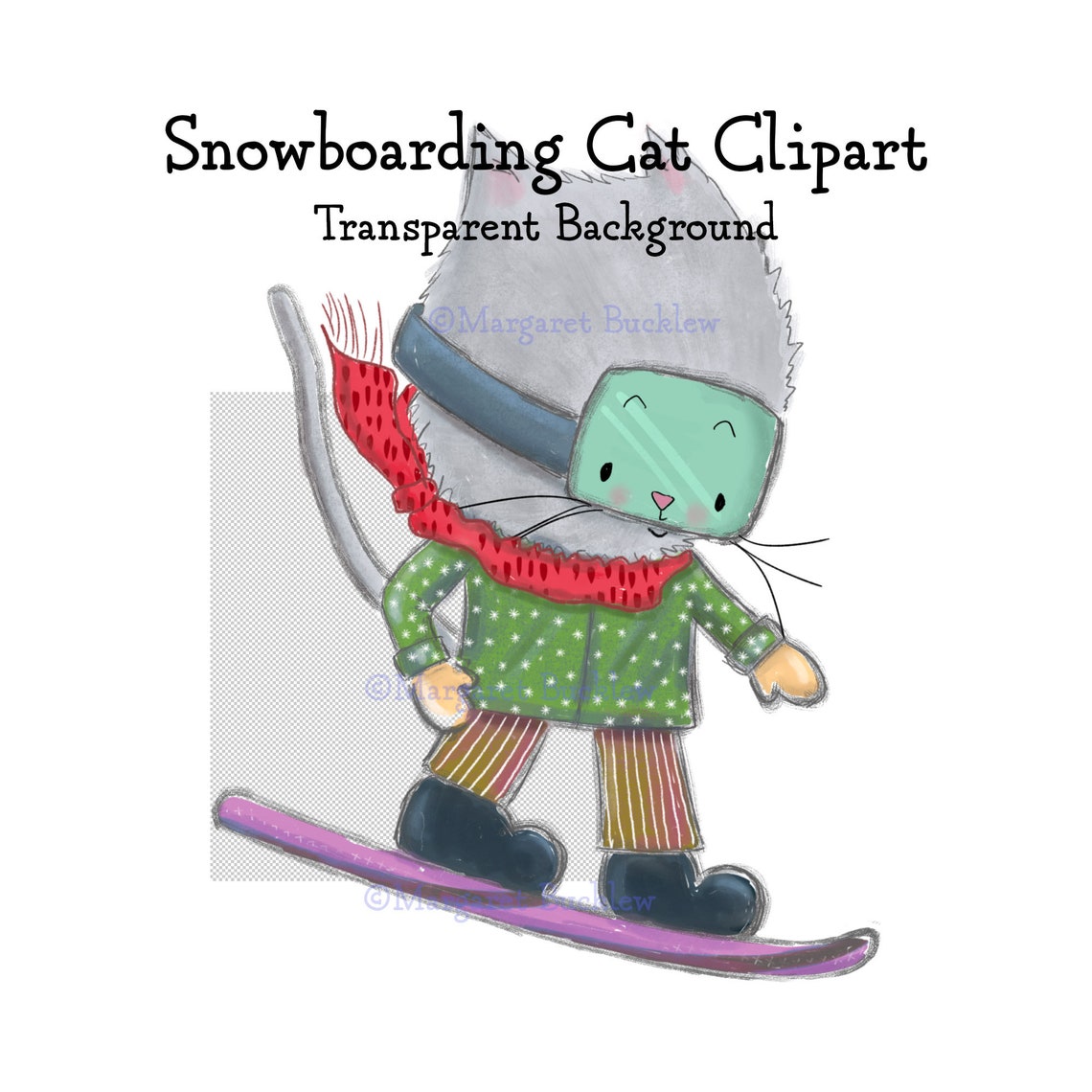Whimsical Snowboarding Cat Clipart, Cute Cat Clipart, Winter Clipart ...