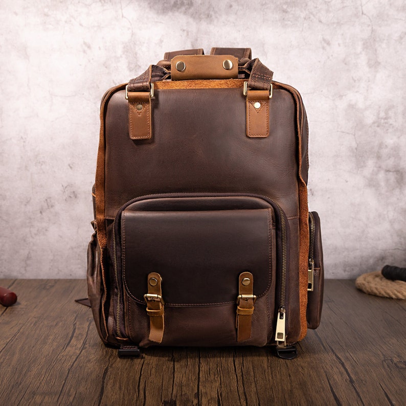 Personalize Genuine Leather Camera Backpack: Travel Photo Bag, Laptop ...