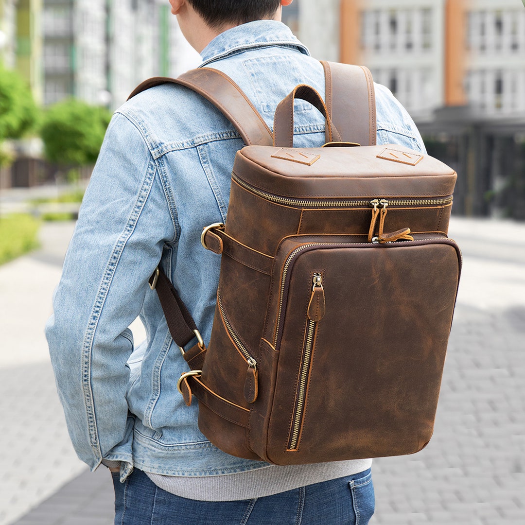 Genuine Leather Summer Vertical Zipper Backpack Men's Backpack Computer ...