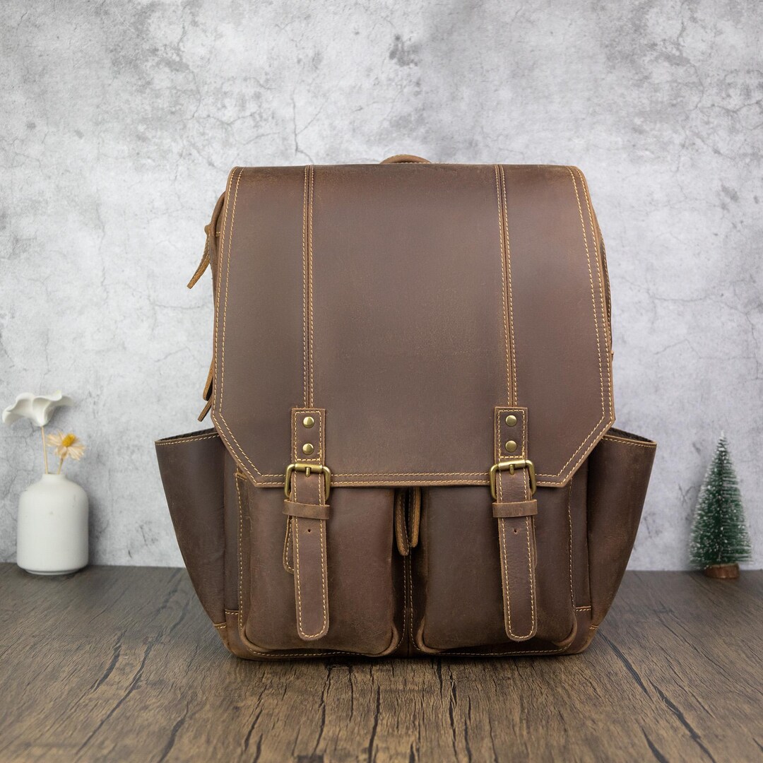 Retro Genuine Leather Laptop Rucksack Classic College Bag Multi Pocket ...