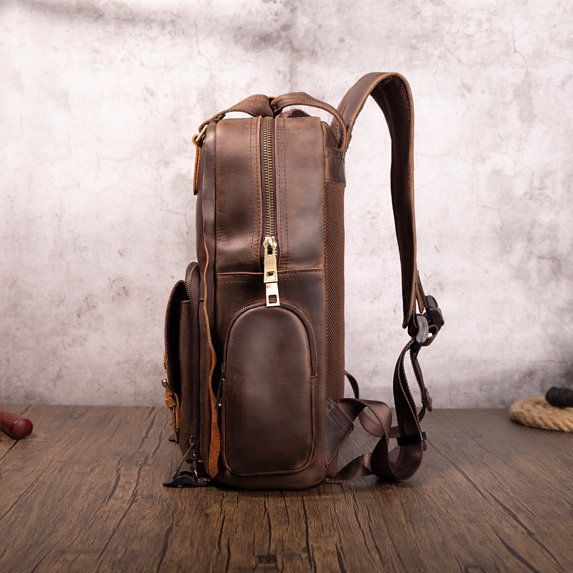 Personalize Genuine Leather Camera Backpack: Travel Photo Bag, Laptop ...