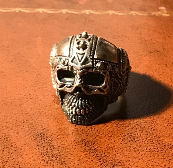 Heavy Sterling Silver Biker Skull Ring - Gem