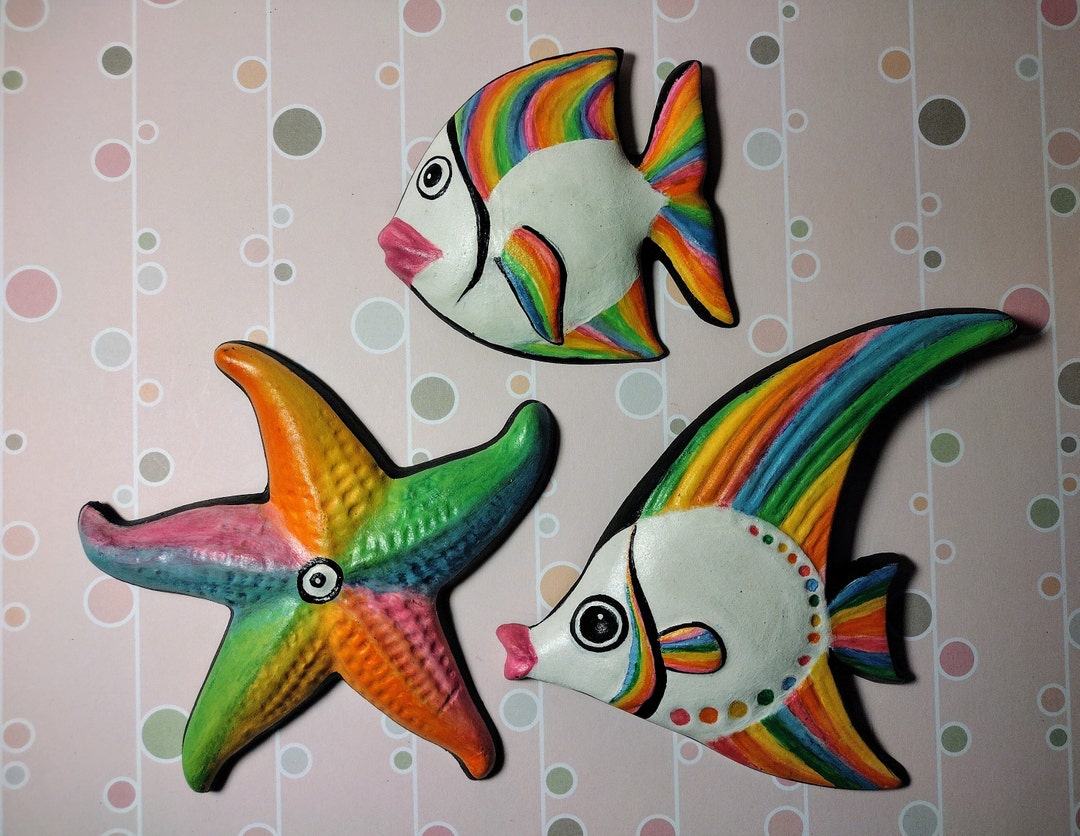 3 Rainbow Fish Plaster Wall Plaques - Etsy