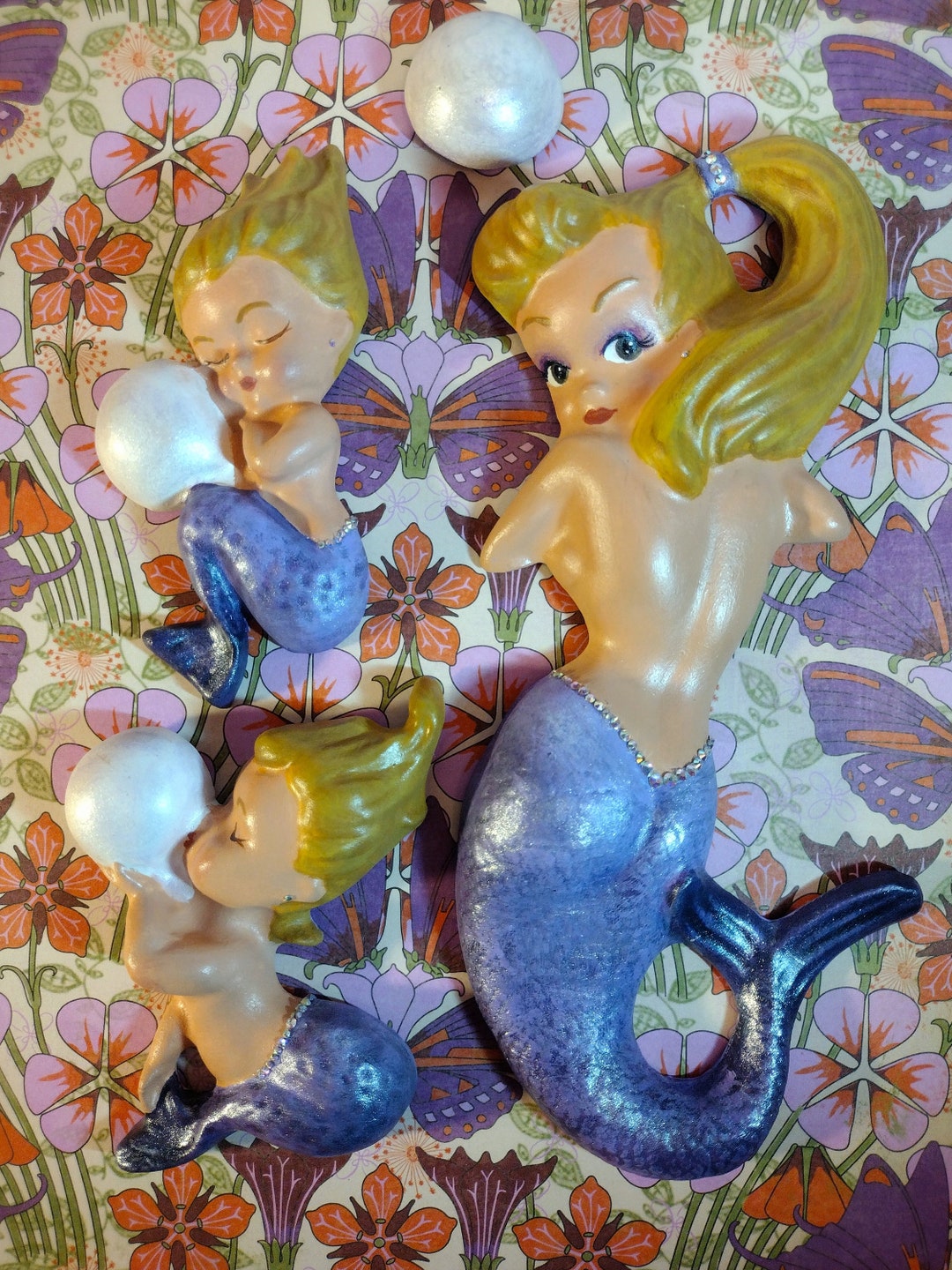 Retro Chalkware Purple Mermaid Family Set Mom 2 Babies & 1 - Etsy