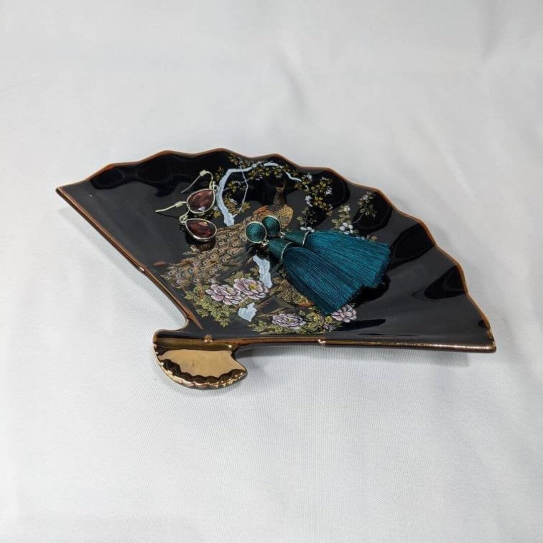 Vintage Japanese Fan Dish Black & Gold Peacocks and Flowers - Etsy ...