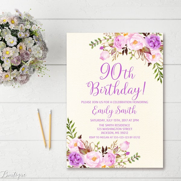 Purple 90th Birthday Invitations - Etsy