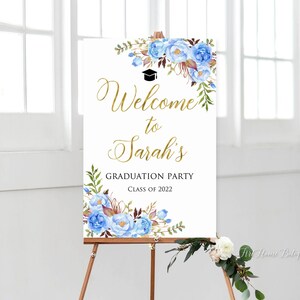 Blue Gold Graduation Party Welcome Sign, Floral Graduation Welcome Sign ...