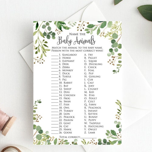 Name the Baby Animal Game Greenery Baby Shower Games | Etsy