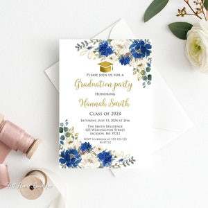 Royal Blue Graduation Invitation, Blue and Gold Grad Party Invite ...