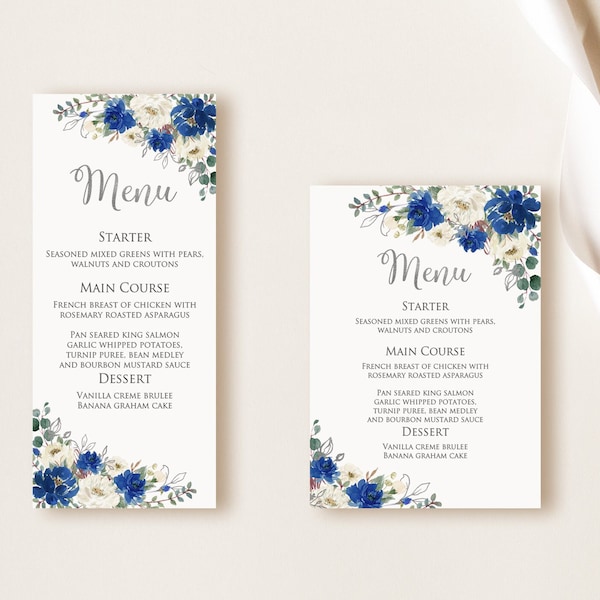 Royal Blue and Silver Menu Cards Template - Etsy