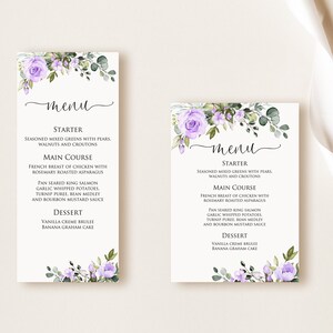 Purple Menu Card, Modern Menu Printable, Botanical Menu, Purple Wedding ...