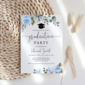 Blue Graduation Party Invitation, Floral Graduation Invitation, Grad ...