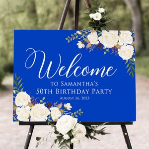 Royal Blue Birthday Welcome Sign Blue and White Flowers Blue - Etsy