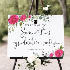 Hot Pink Graduation Party Welcome Sign, Hot Pink Gerbera Graduation ...