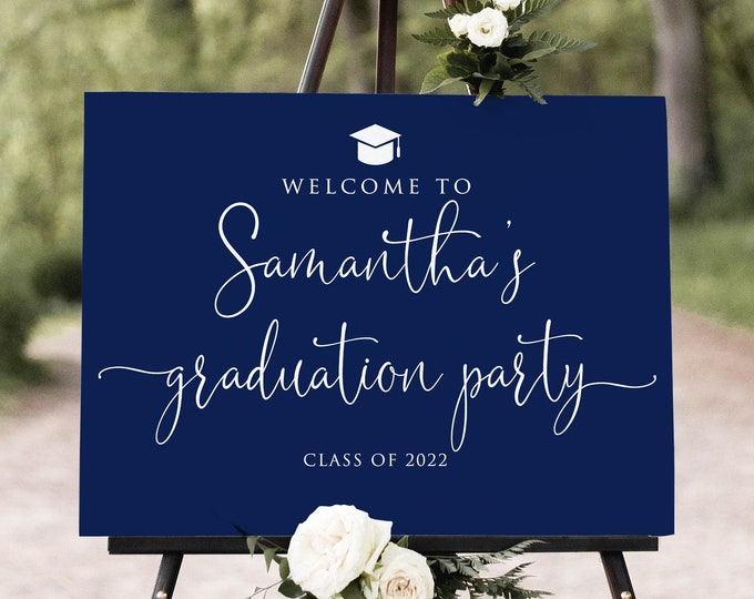 Blue and Gold Graduation Party Welcome Sign, Navy Blue Graduation Board ...