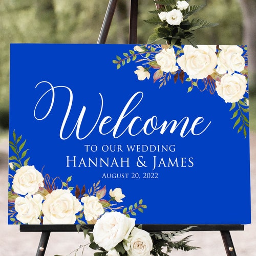 Royal Blue Wedding Welcome Sign Blue and White Flowers | Etsy