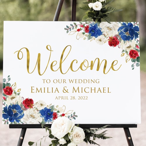 Red White Blue Wedding Welcome Sign Red Floral Welcome Sign - Etsy