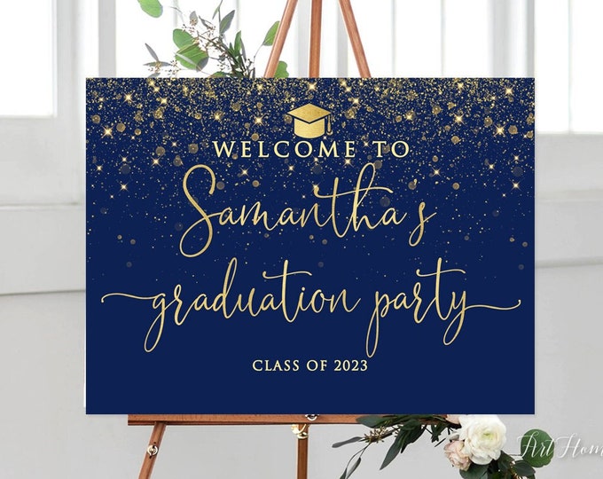 Blue and Gold Graduation Party Welcome Sign, Navy Blue Graduation Board ...