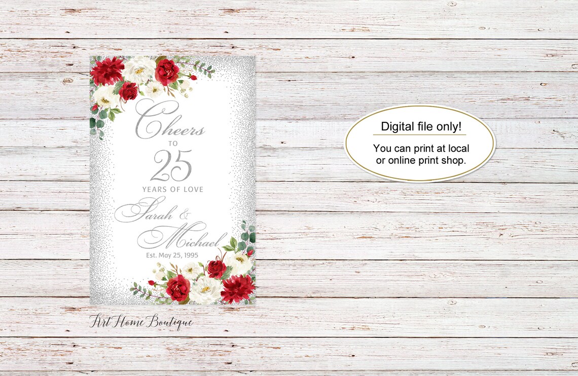 Cheers to 25 Years of Love Sign, 25th Anniversary Welcome Sign, Silver ...