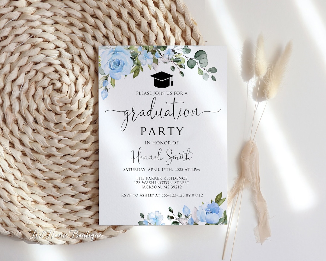 Blue Graduation Party Invitation, Floral Graduation Invitation, Grad ...