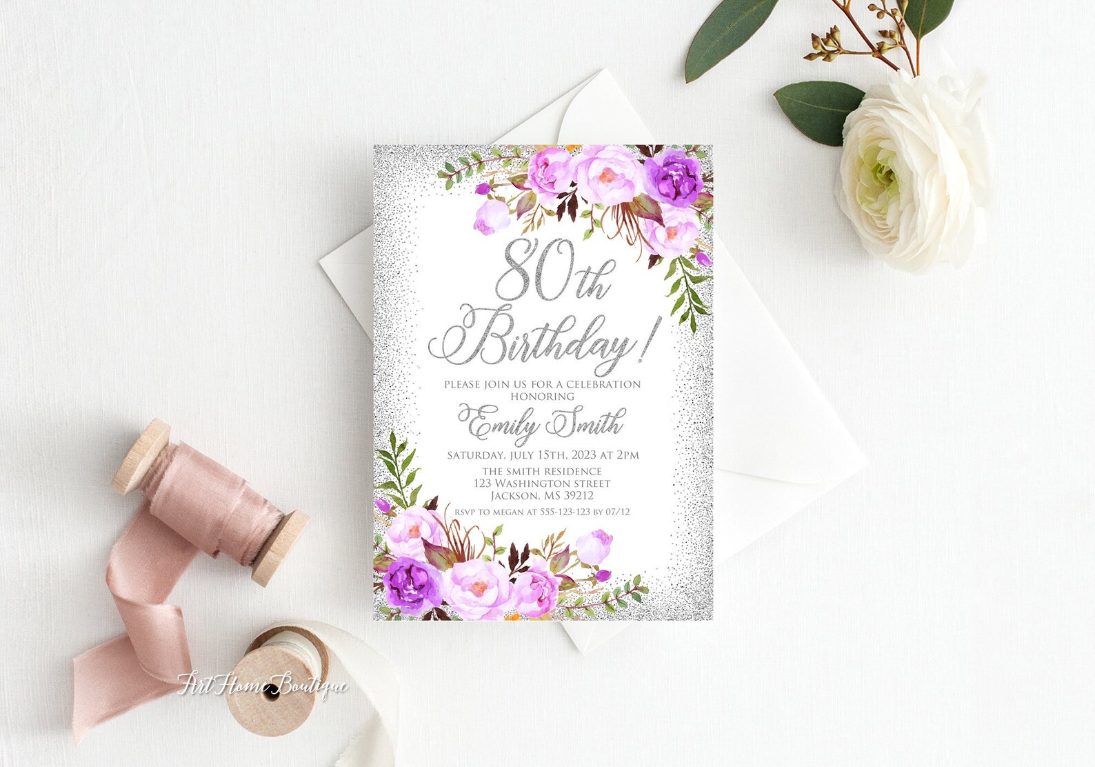 Purple Silver Birthday Invitation 80th Birthday Invitation | Etsy
