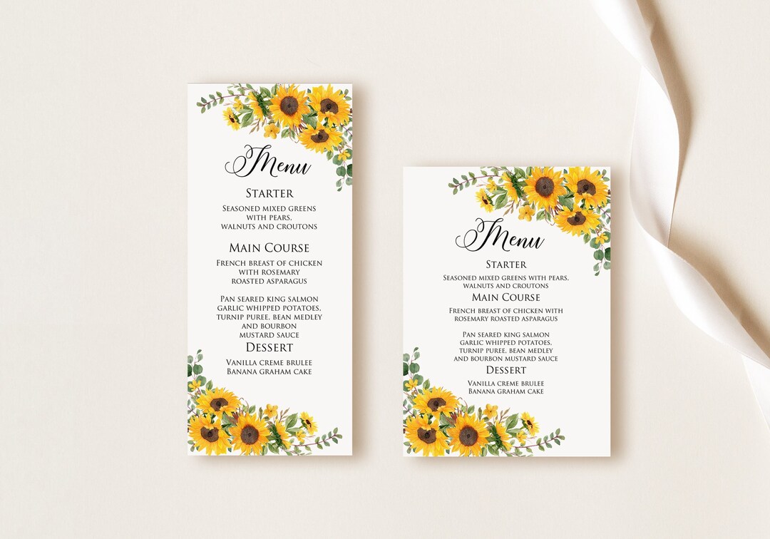 Sunflower Menu Card, Birthday Menu Printable, Sunflower Wedding Menu ...