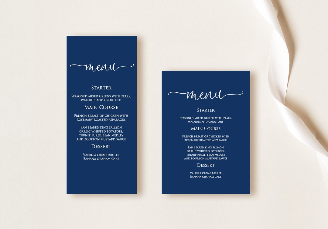 Navy Wedding Menu Card, Blue Menu Printable, Wedding Menu, Digital File ...