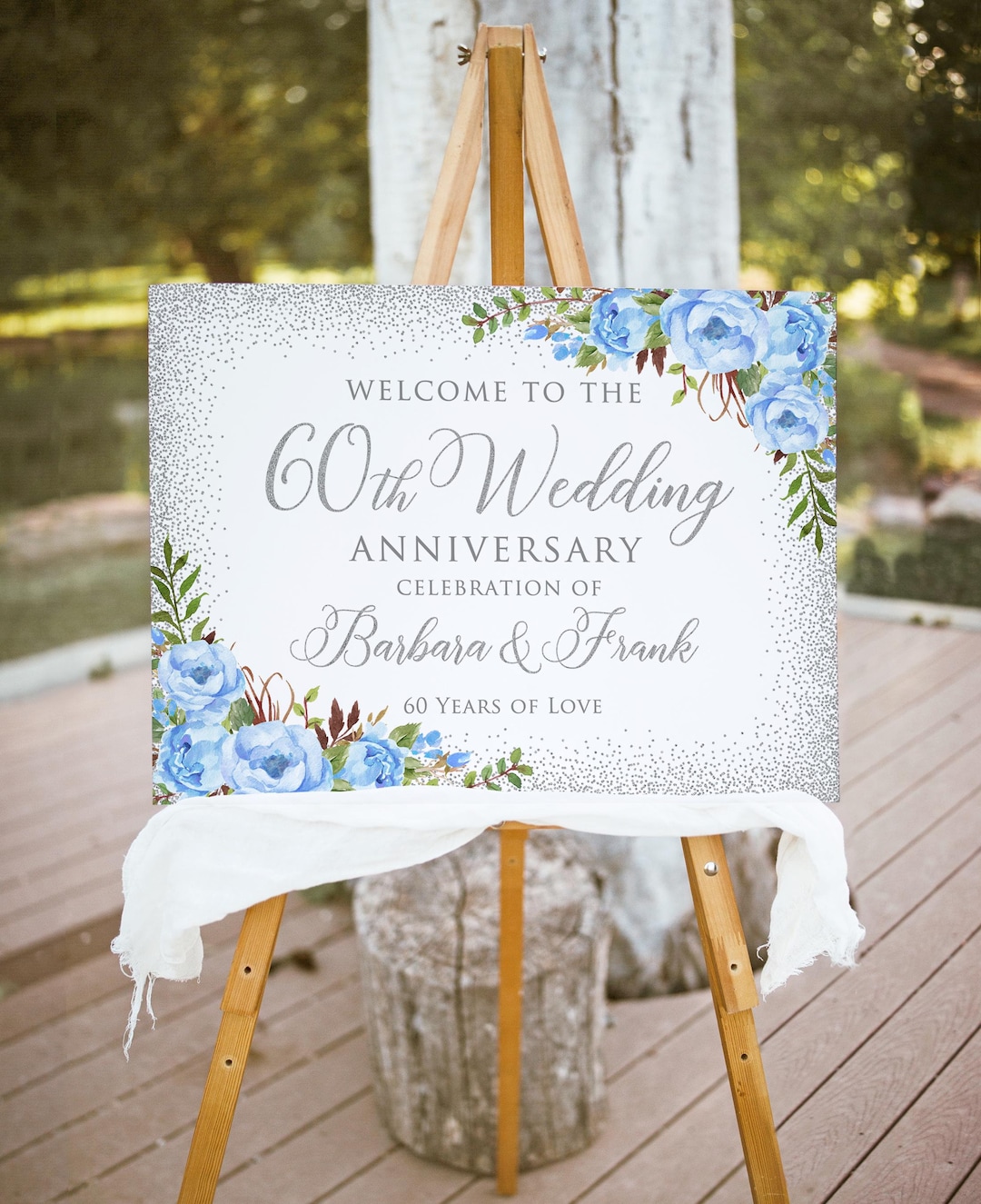 60th Wedding Anniversary Welcome Sign, Floral Blue Anniversary Decor ...