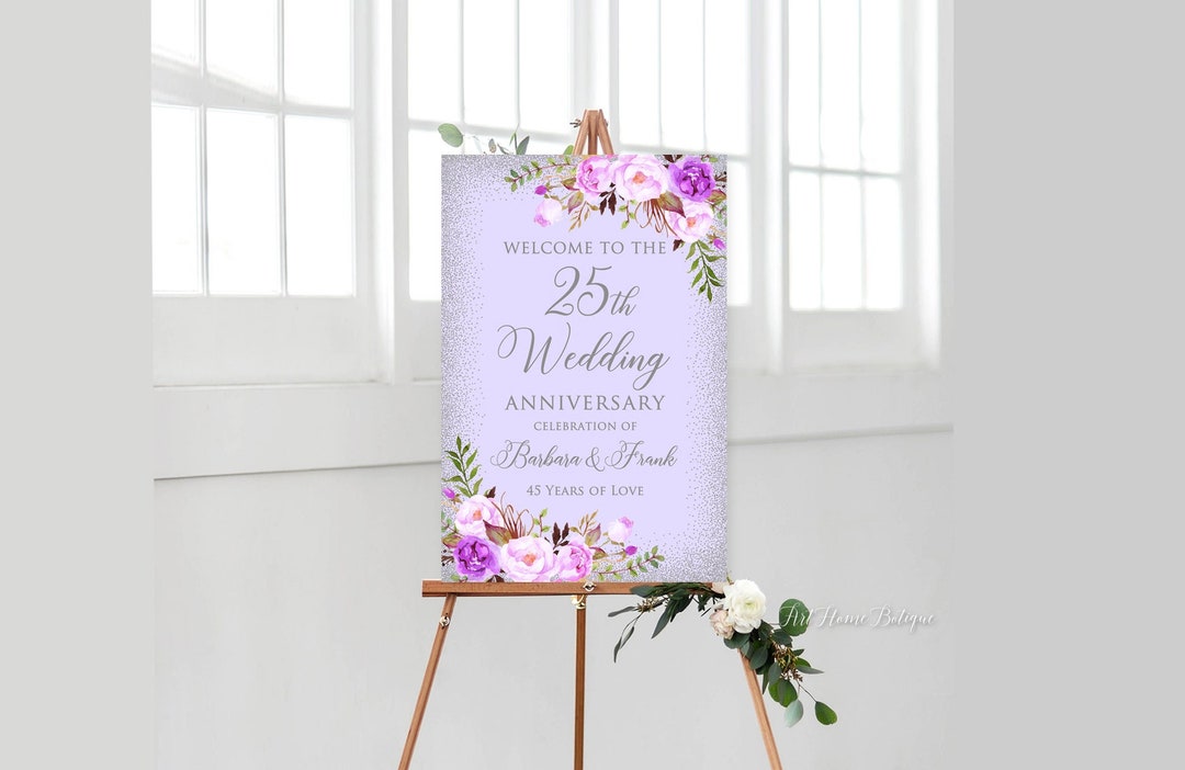 Purple Silver Wedding Anniversary Welcome Sign, 25th Anniversary ...