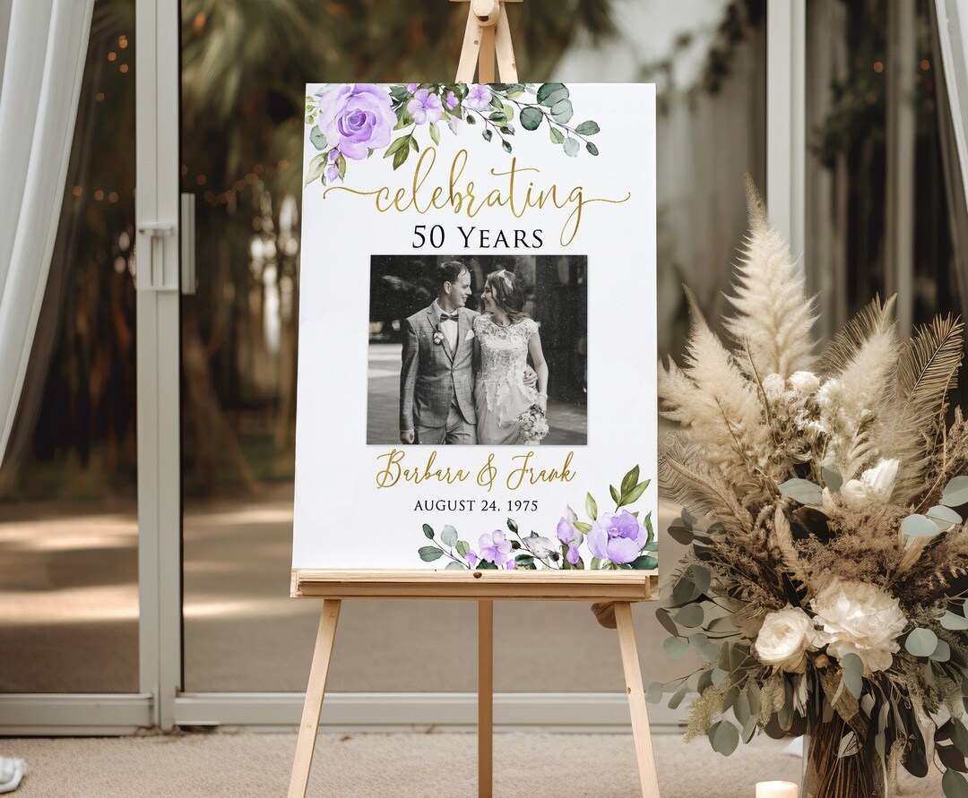 Celebrating 50 Years, Purple Gold Anniversary Sign With Photo, Lavender ...