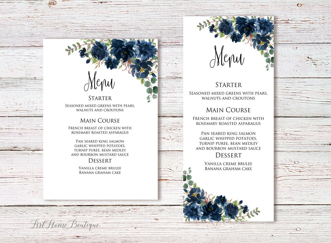 Navy Menu Card, Birthday Menu Printable, Blue Menu Cards, Navy Wedding ...