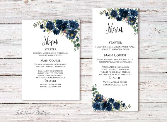Navy Menu Card Birthday Menu Printable Blue Menu Cards Navy - Etsy
