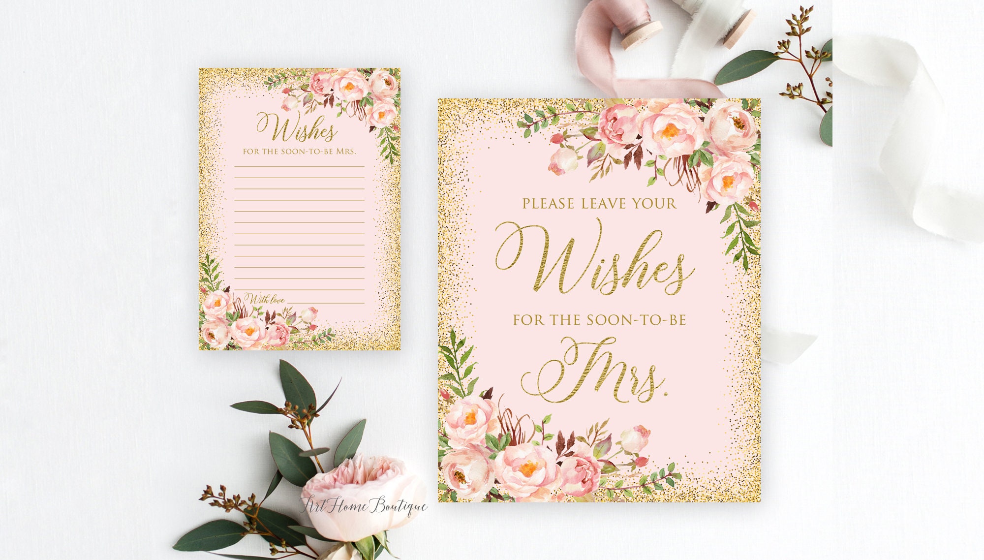 Blush and Gold Bridal Shower Wishes Sign and Cards, Please Leave Your ...