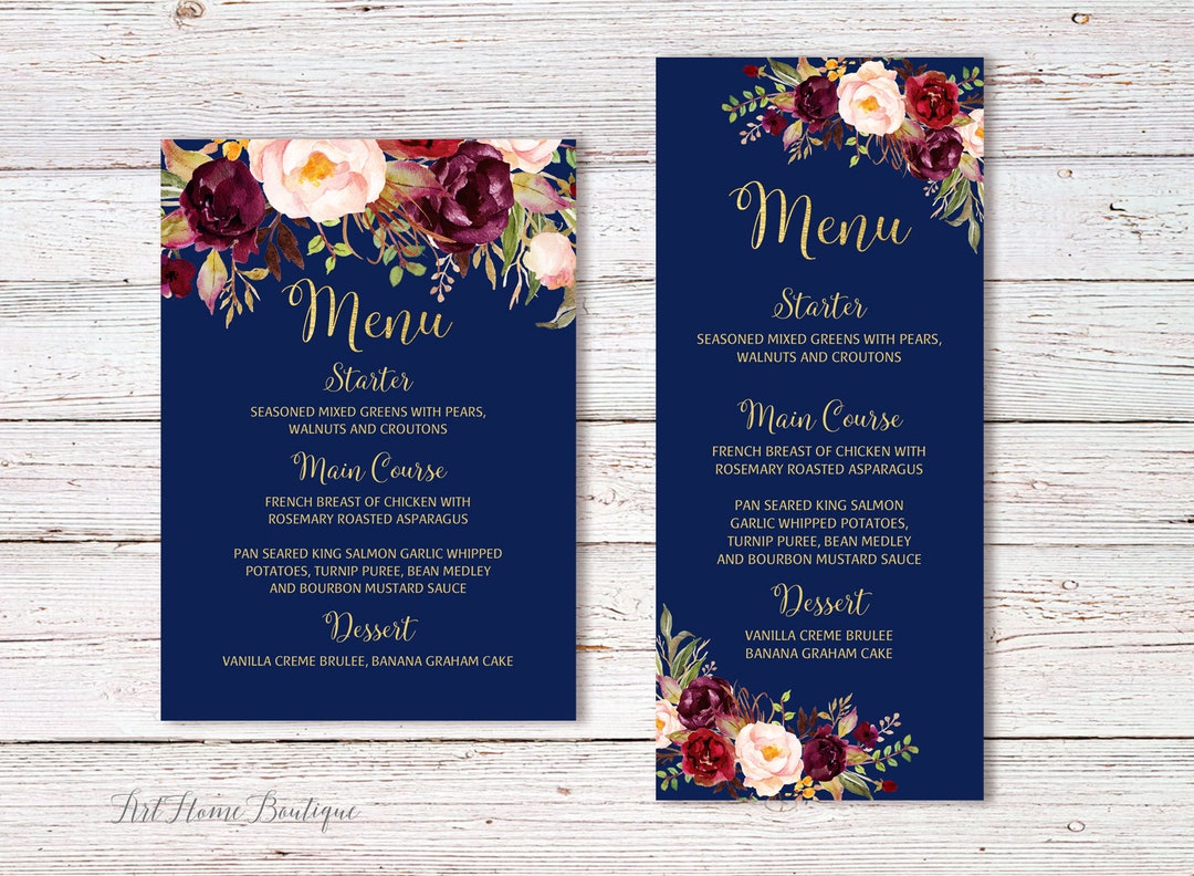 Navy Menu Card, Wedding Menu Card, Birthday Menu Printable, Floral Navy ...