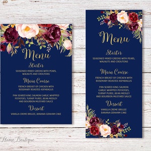 Navy Menu Card, Wedding Menu Card, Birthday Menu Printable, Floral Navy ...