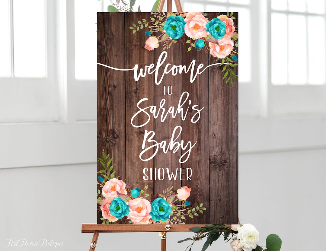 Rustic Baby Shower Welcome Sign, Teal Coral Baby Shower Welcome Sign ...