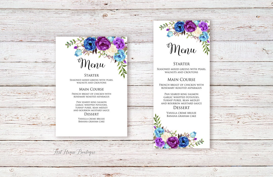 Blue Purple Menu Card, Birthday Menu Printable, Purple Blue Menu Cards ...