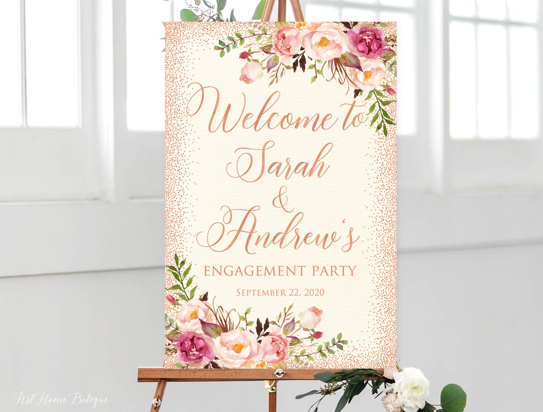 Rose Gold Engagement Party Sign, Ivory Pink Welcome Engagement Sign ...